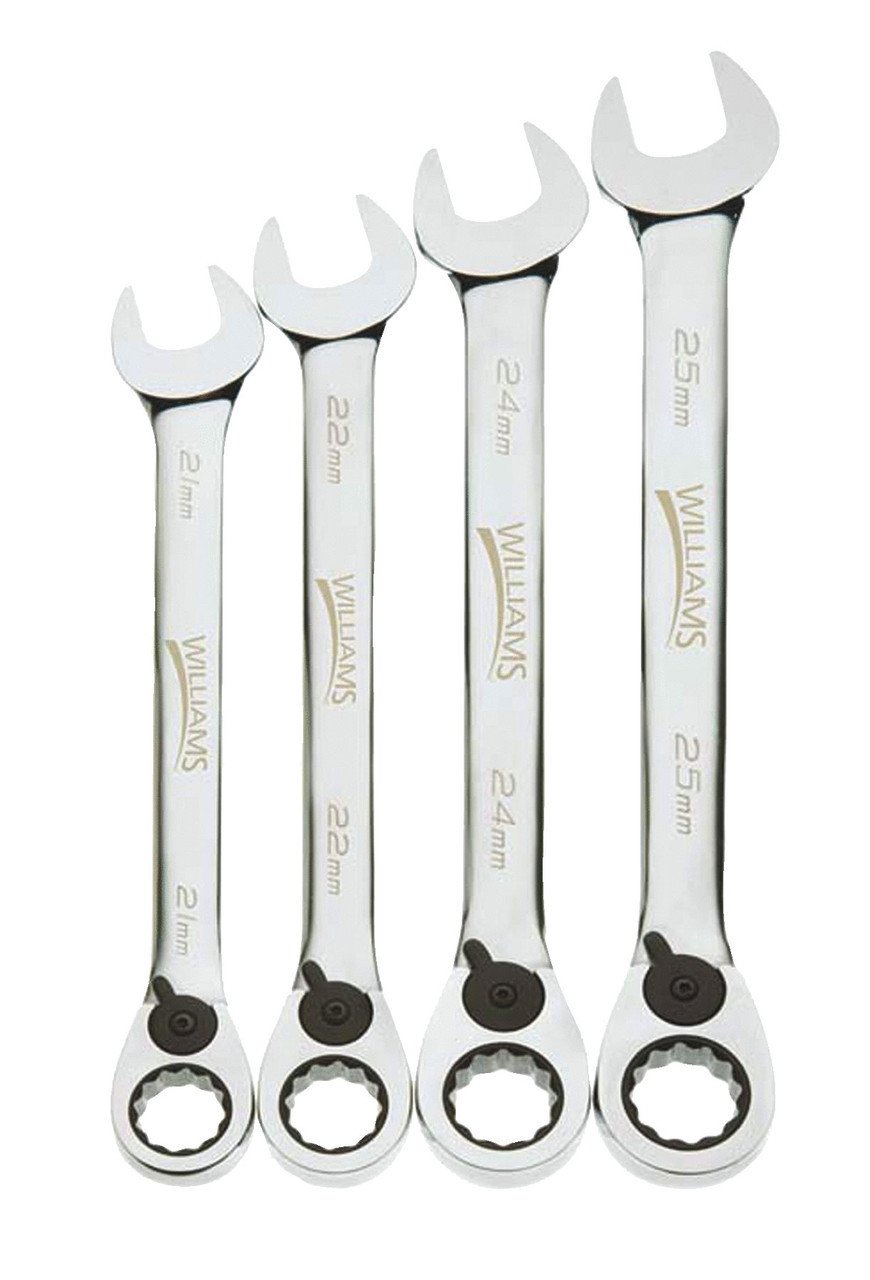 21 25MM Williams Polished Chrome Reversible Ratcheting Combination Wrench Set 4 Pcs in Pouch JHWMWS 4RC